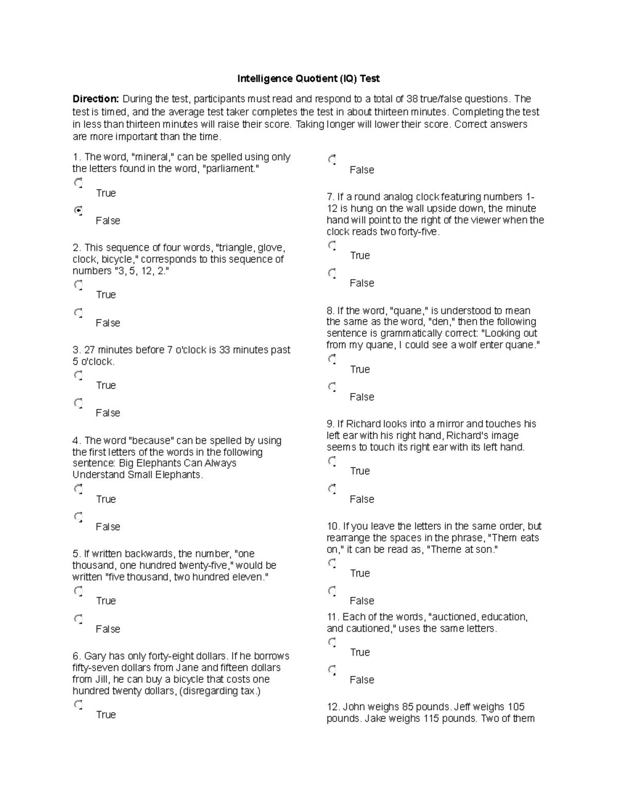 Appendix V - Survey Questionnaires - Intelligence Quotient (IQ) Test ...