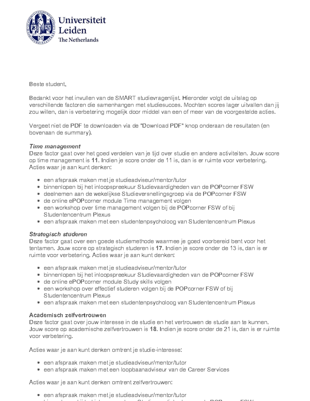 Smart studievragenlijst - Beste student, Bedankt voor het invullen van de SMART ...