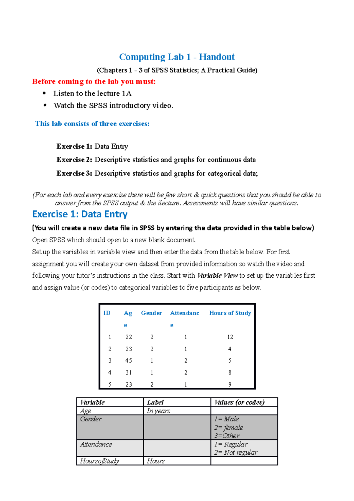 Computing Lab 1 Handout - Computing Lab 1 - Handout (Chapters 1 - 3 of SPSS Statistics; A ...