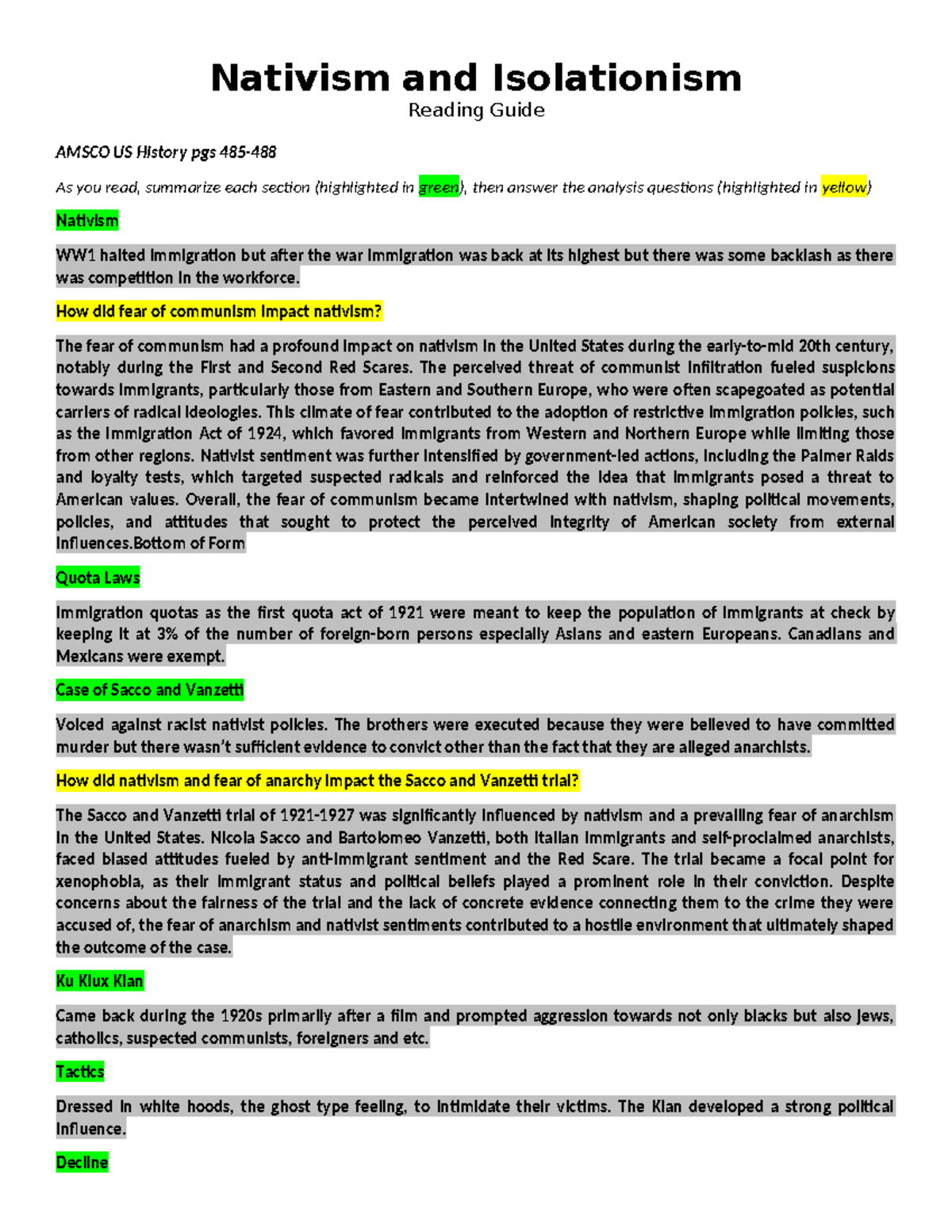 Nativism and Isolationism - Nativism and Isolationism Reading Guide ...