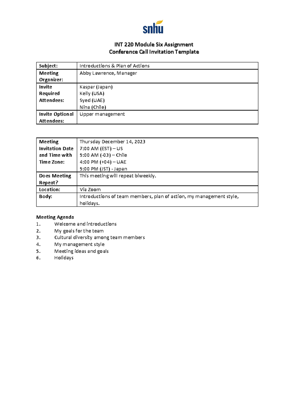 INT 220 Mod 6 - Conference Call Invite - INT 220 Module Six Assignment ...