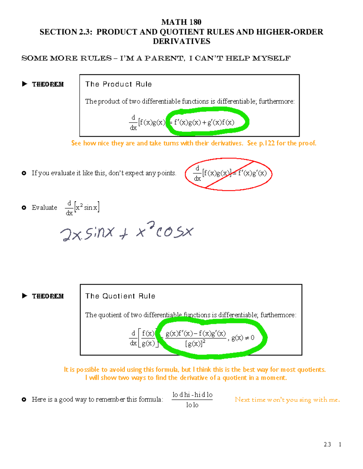 Lesson 2.3 Calc 2 - MATH 180 SECTION 2: PRODUCT AND QUOTIENT RULES AND ...