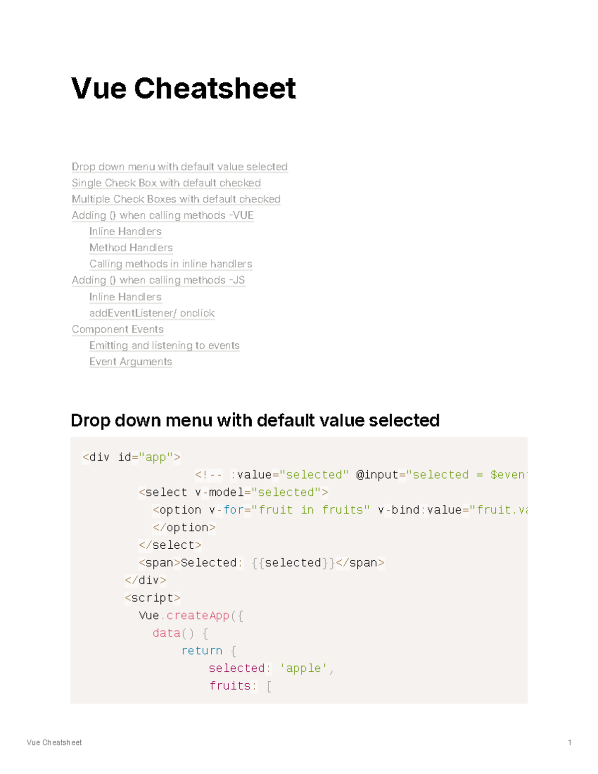 Vue Cheatsheet To Revise - Vue Cheatsheet Drop down menu with default value selected