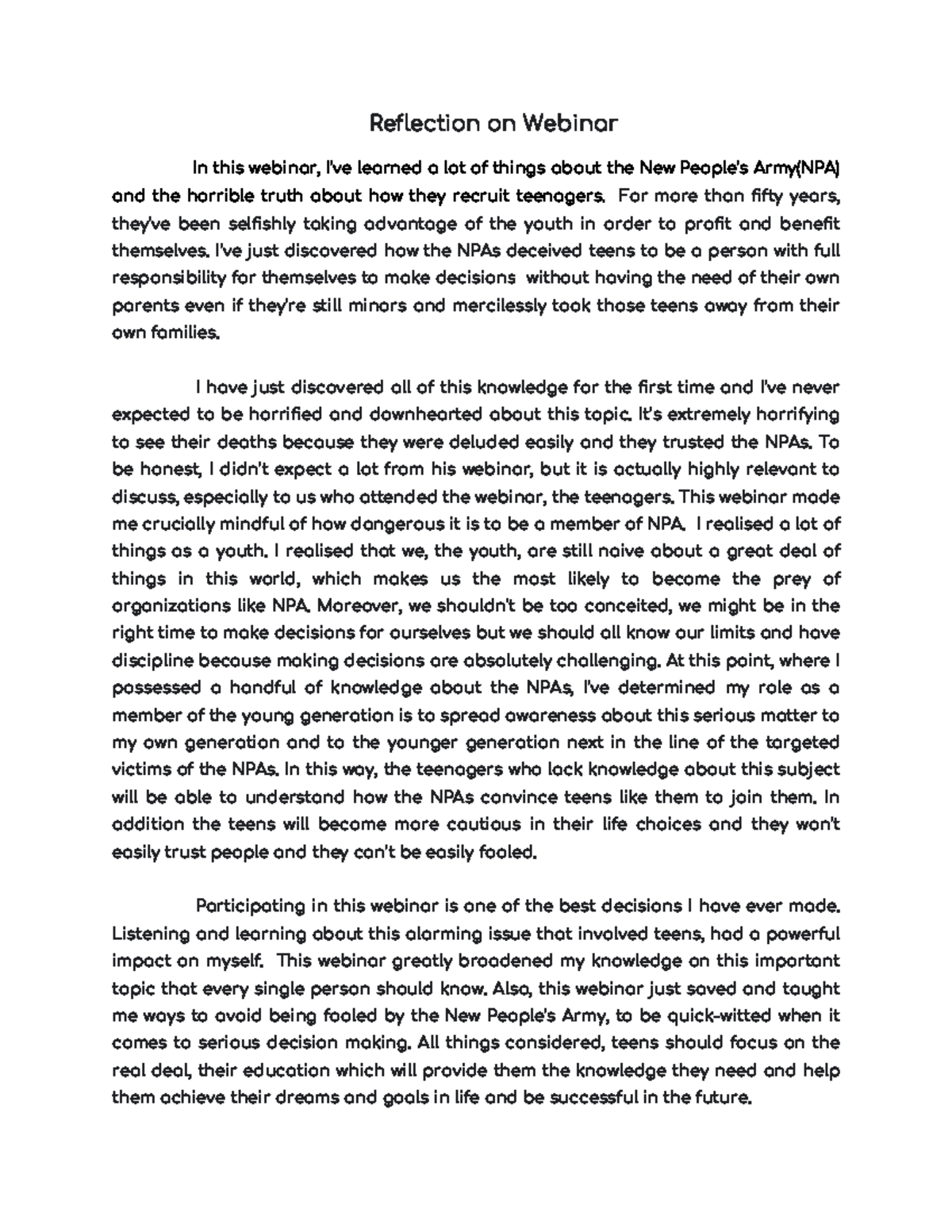 Reflection on Webinar - PDF - Reflection on Webinar In this webinar, I ...