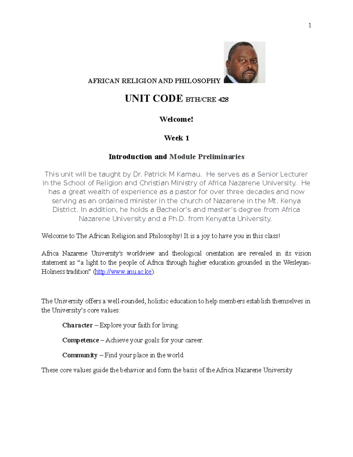 BTH 428 CRE 428 September 2021 Course Outline - AFRICAN RELIGION AND ...