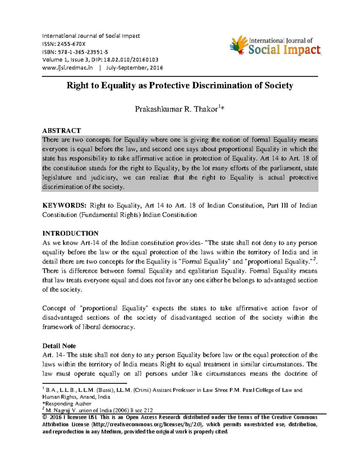 Right to Equality as Protective Discrimination of Society ...