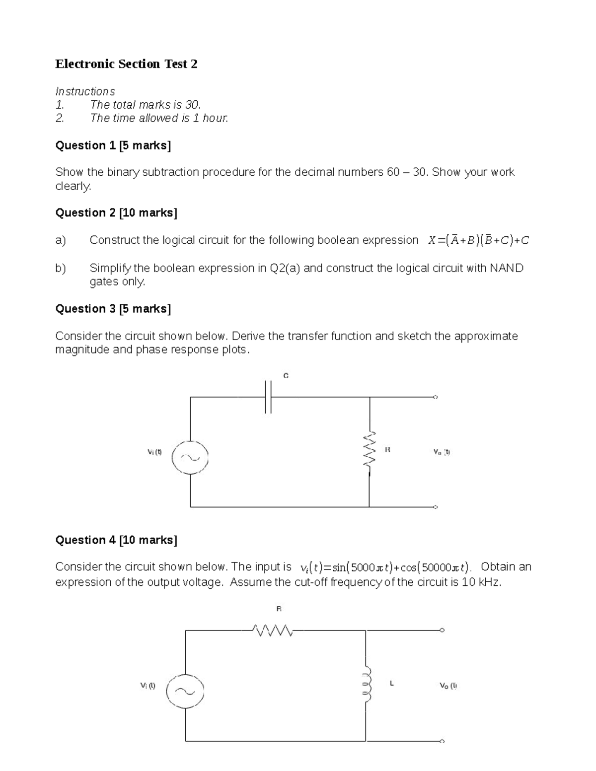 EC Test2 - Electronic Section Test 2 Instructions The total marks is 30 ...