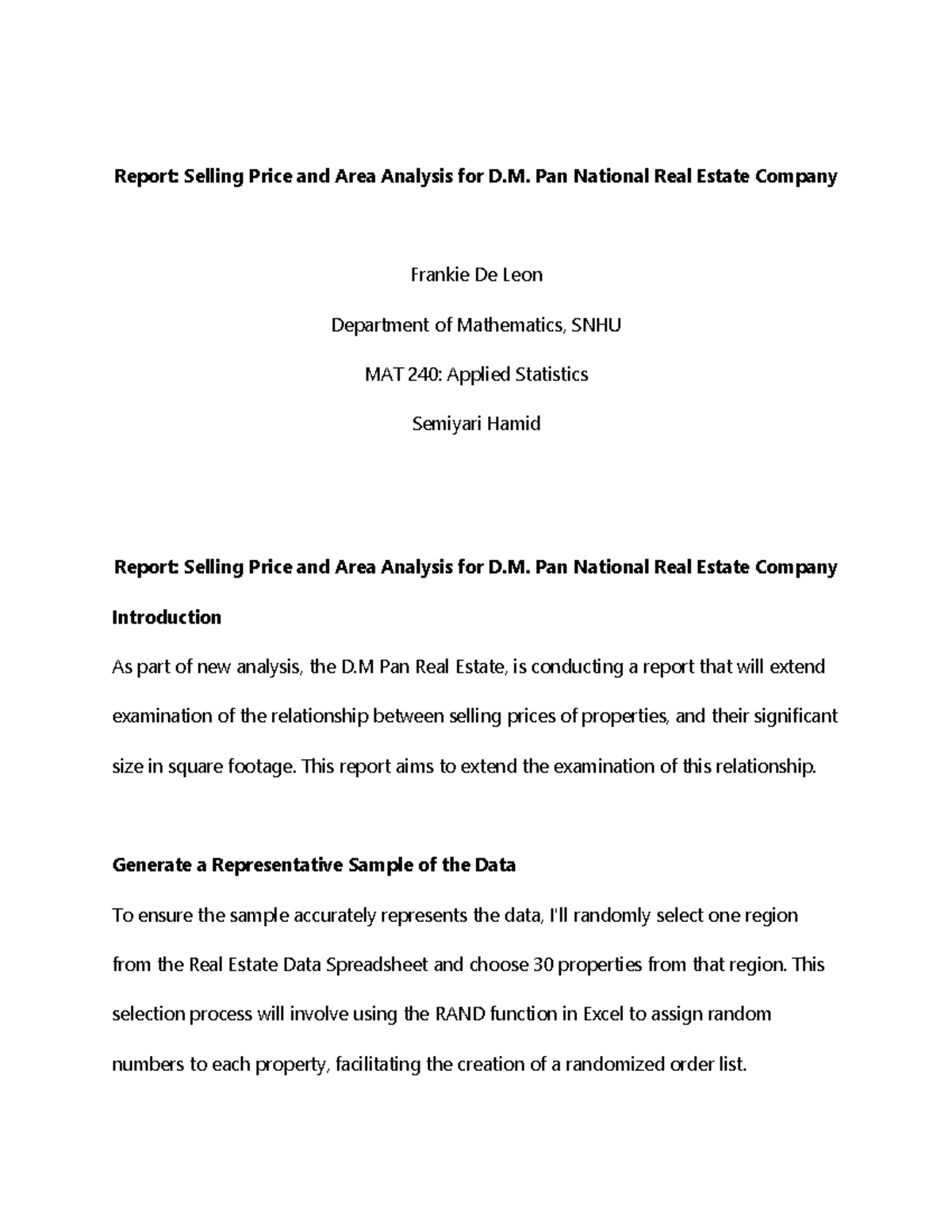 MAT 240 Module Two Assignment Template - Report: Selling Price and Area ...