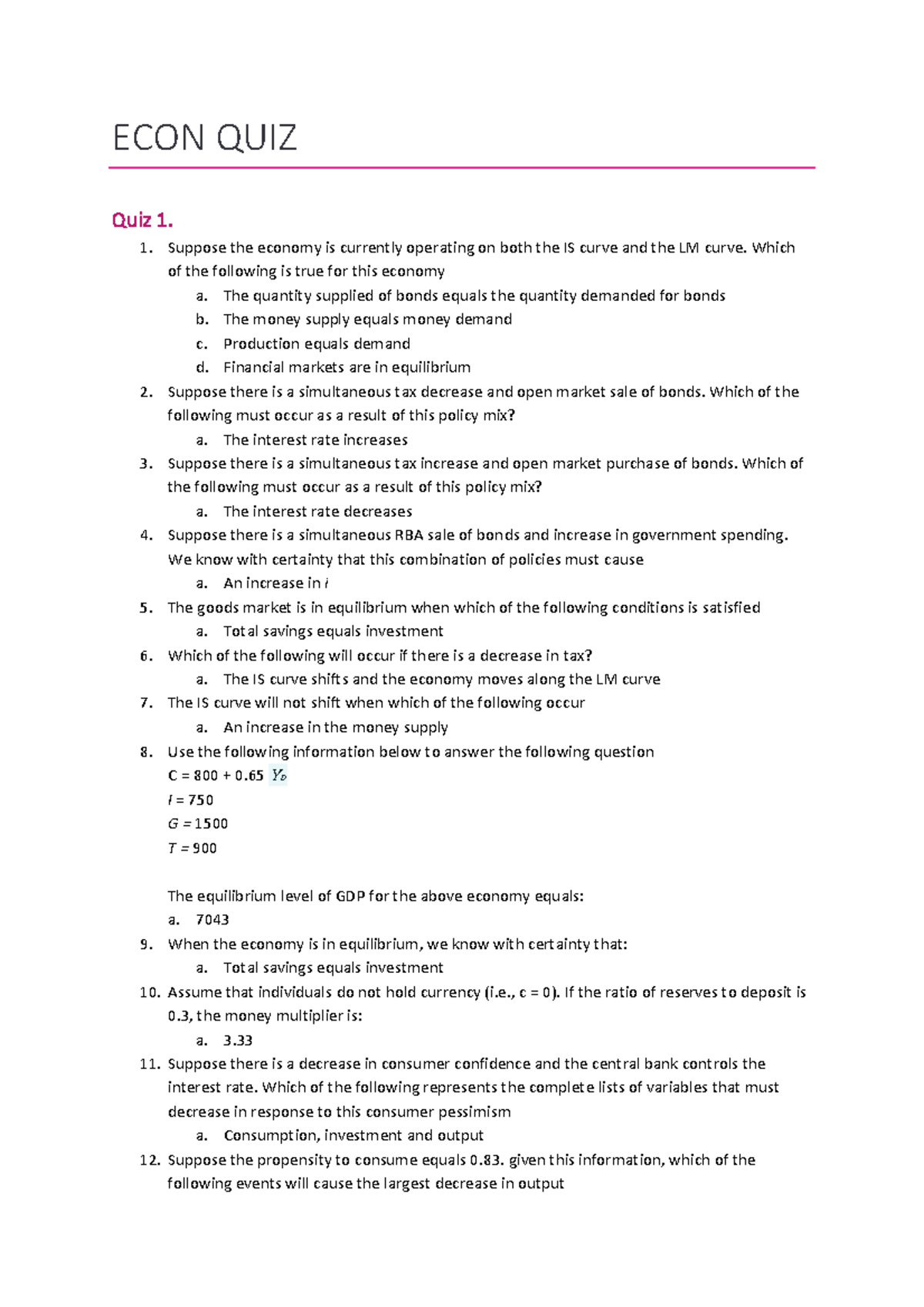 ECON QUIZ - macquarie university quiz notes for econ2004 - ECON QUIZ ...