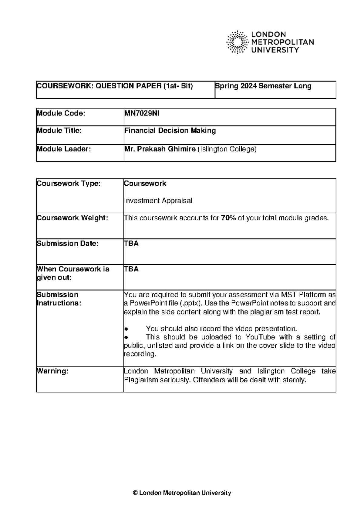 Paper - sdsalkasj - © London Metropolitan University COURSEWORK ...