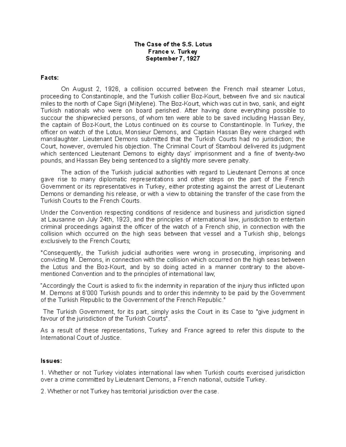 Lotus-case - N/A - The Case of the S. Lotus France v. Turkey September ...