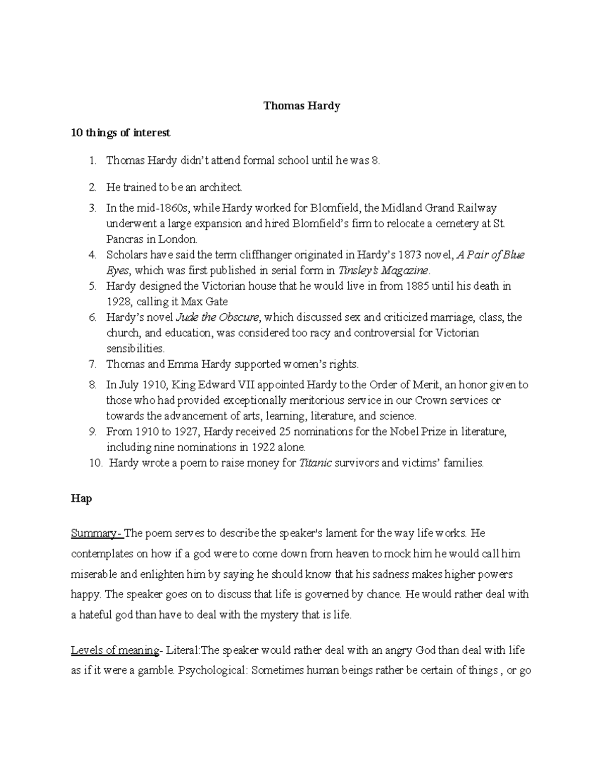 Thomas Hardy - class assignment - Thomas Hardy 10 things of interest ...