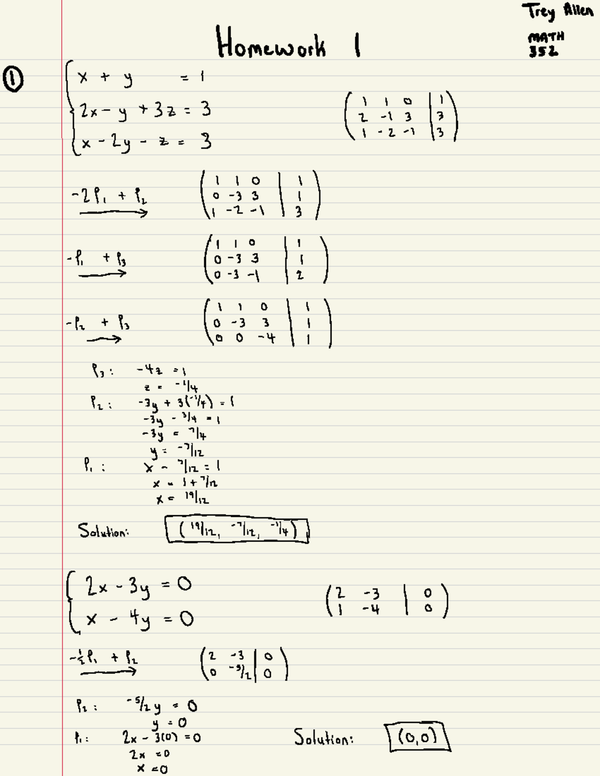 Homework Assignment #1 - Trey Allen MATH Homework I 352 ① X t y = l l ...