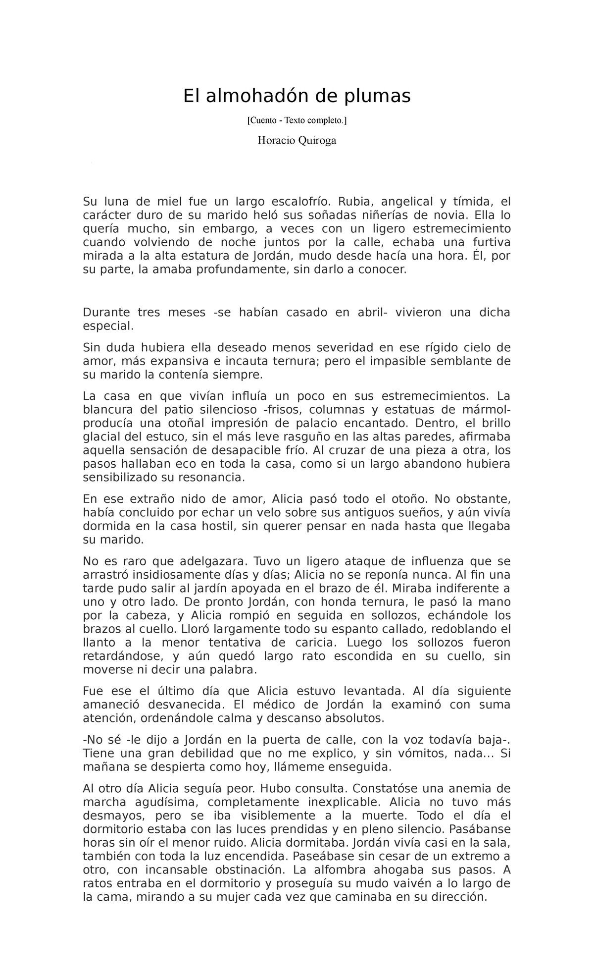 El almohadón de plumas - Lectura - El almohadón de plumas [Cuento ...