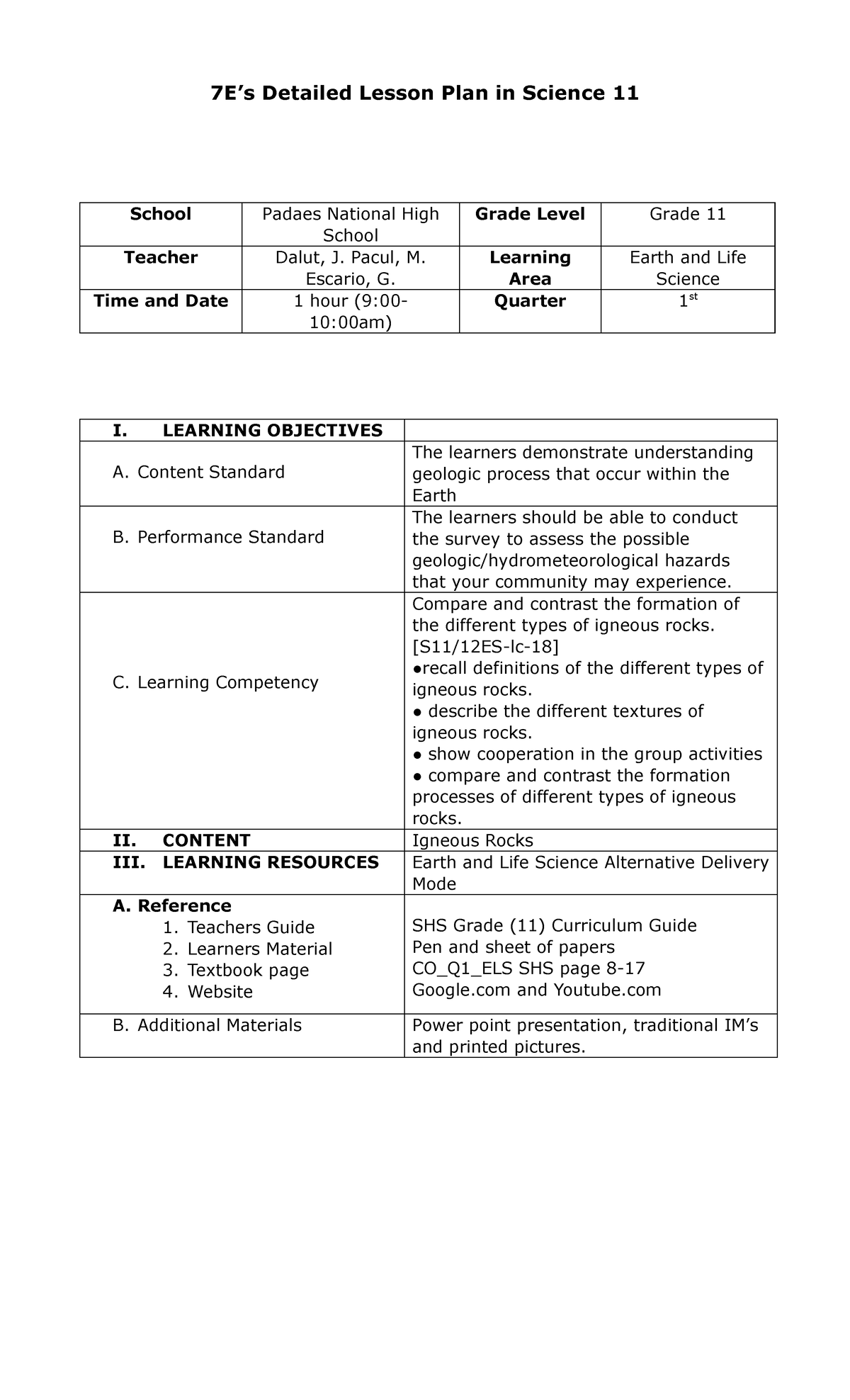 LP Final Padaes - 7E’s Detailed Lesson Plan in Science 11 School Padaes ...