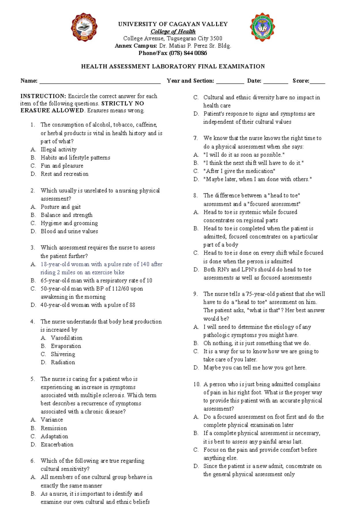 HA LAB 1ST YEAR Q'S - Ha lab quesrions - UNIVERSITY OF CAGAYAN VALLEY ...