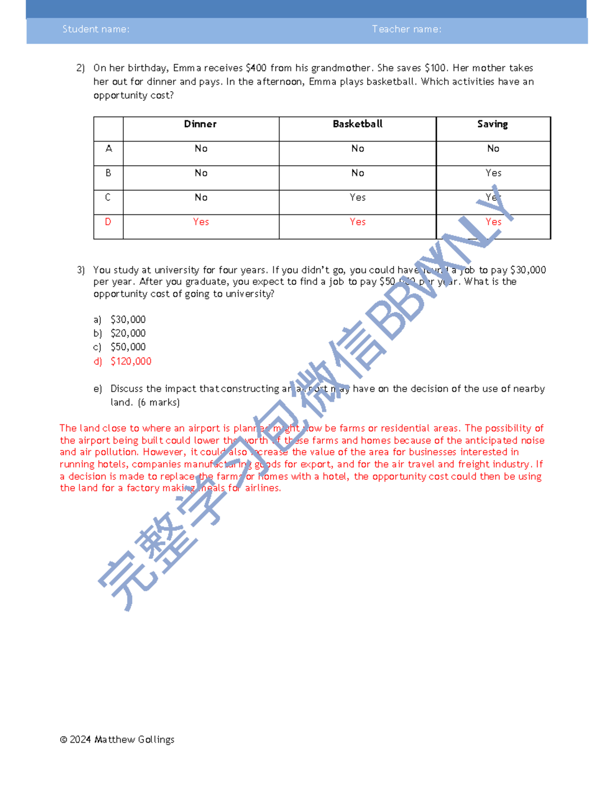 09 - Opportunity Cost - Economics Worksheet 4 - © 2024 Matthew Gollings ...