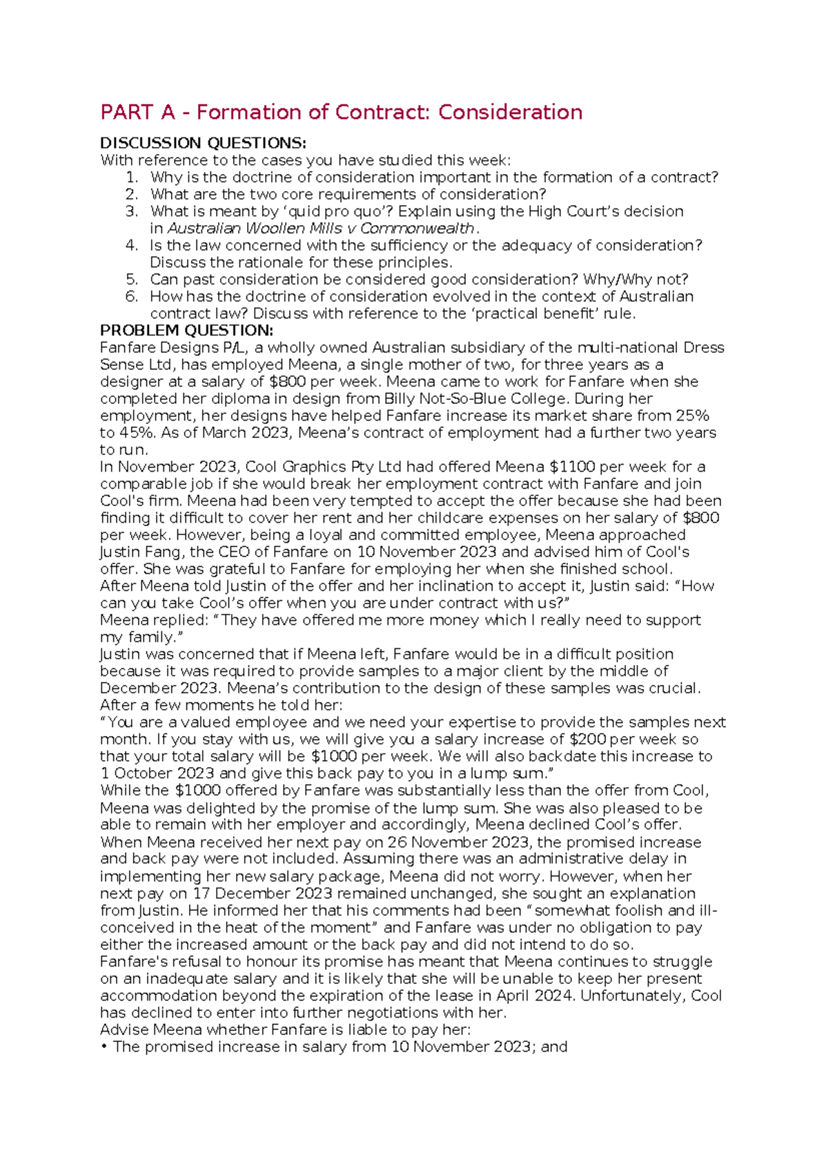 Tutorial 4 guide:questions - PART A - Formation of Contract: Consideration DISCUSSION QUESTIONS ...