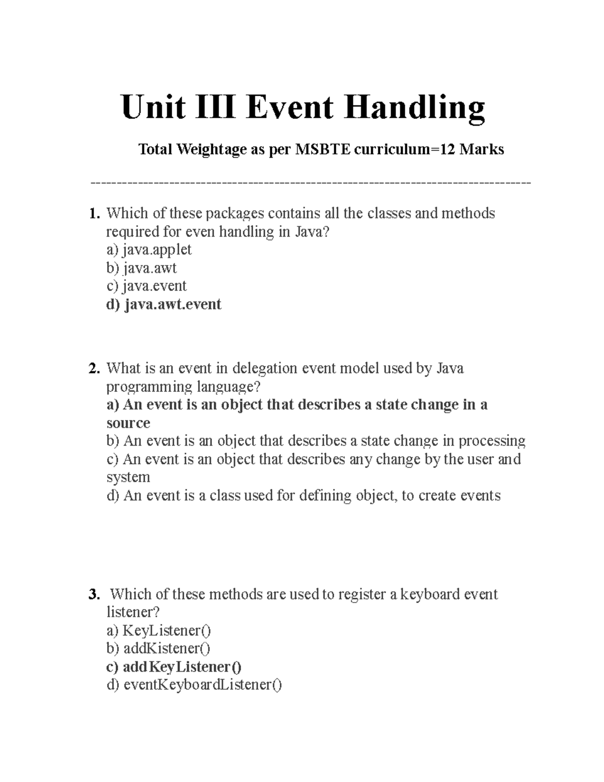 QB On Event Handling Unitiii - Unit III Event Handling Total Weightage as per MSBTE curriculum ...