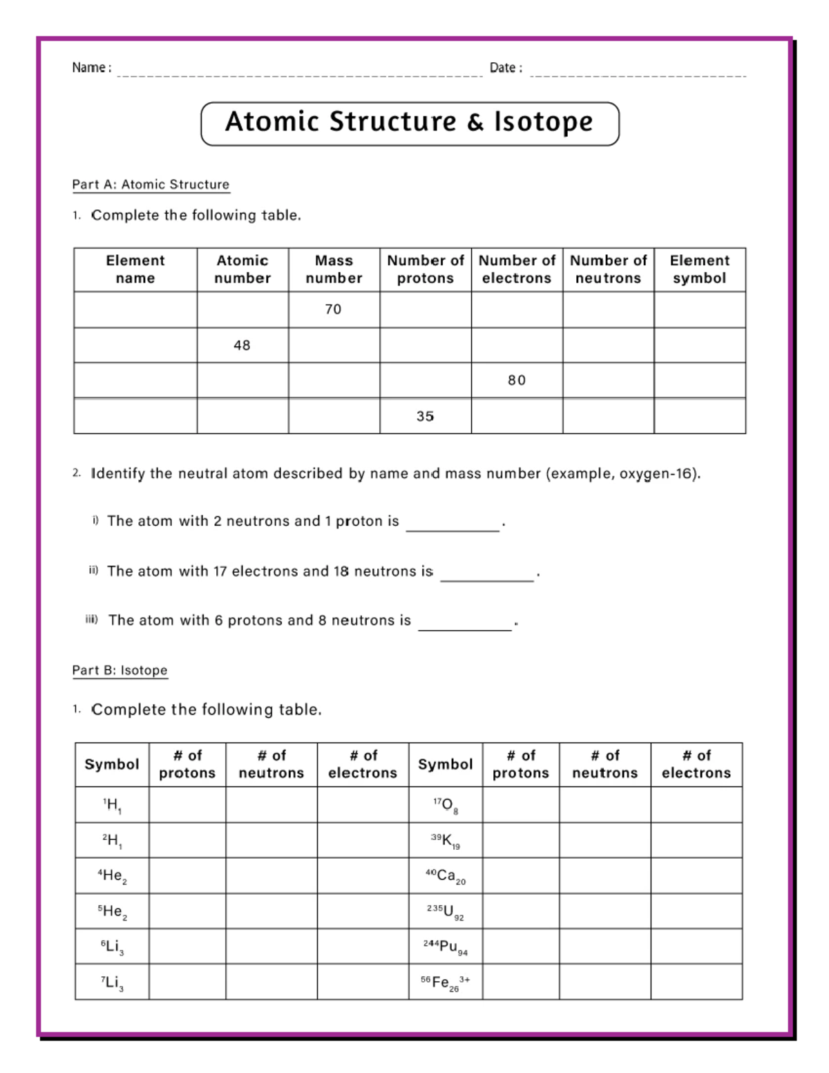 Activity ATOM Isotopes IONS - Name : Date : Atomic Structure Isotope ...