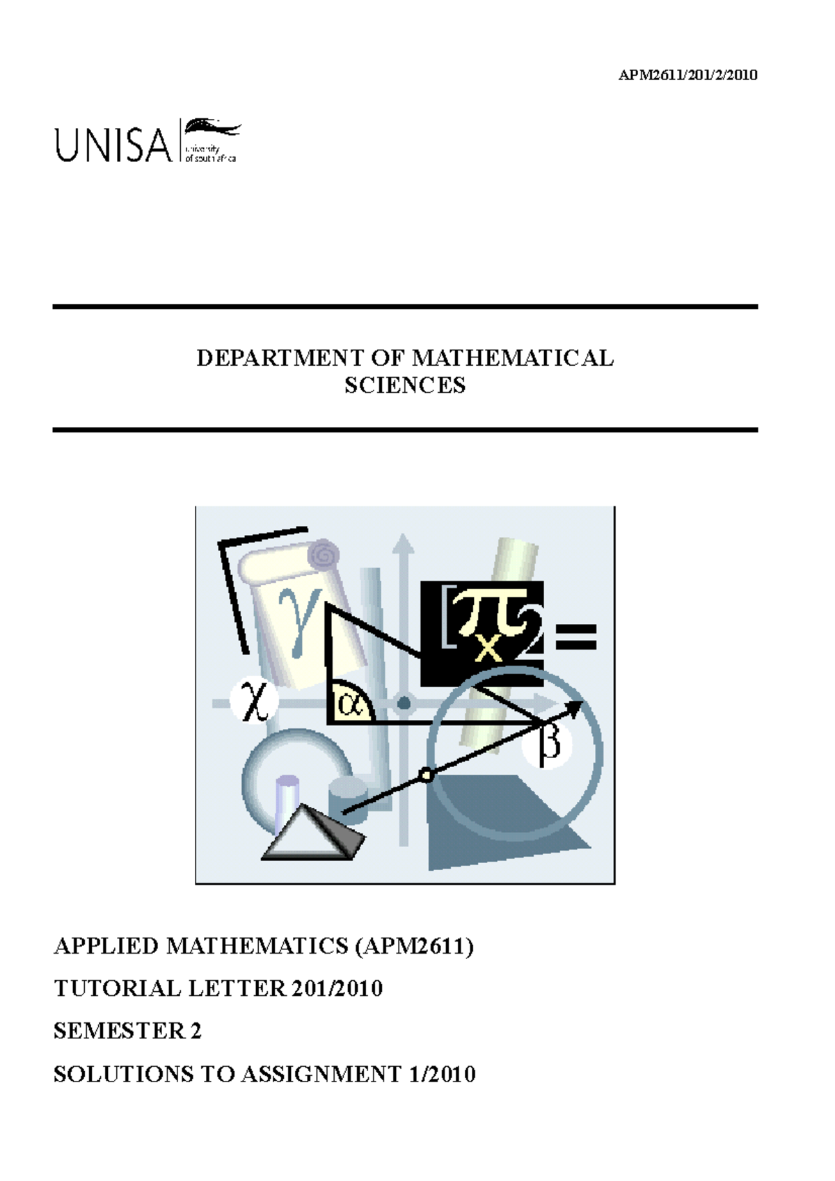Assignment 1 solution - S2 2010 - APM2611/201/2/ DEPARTMENT OF ...