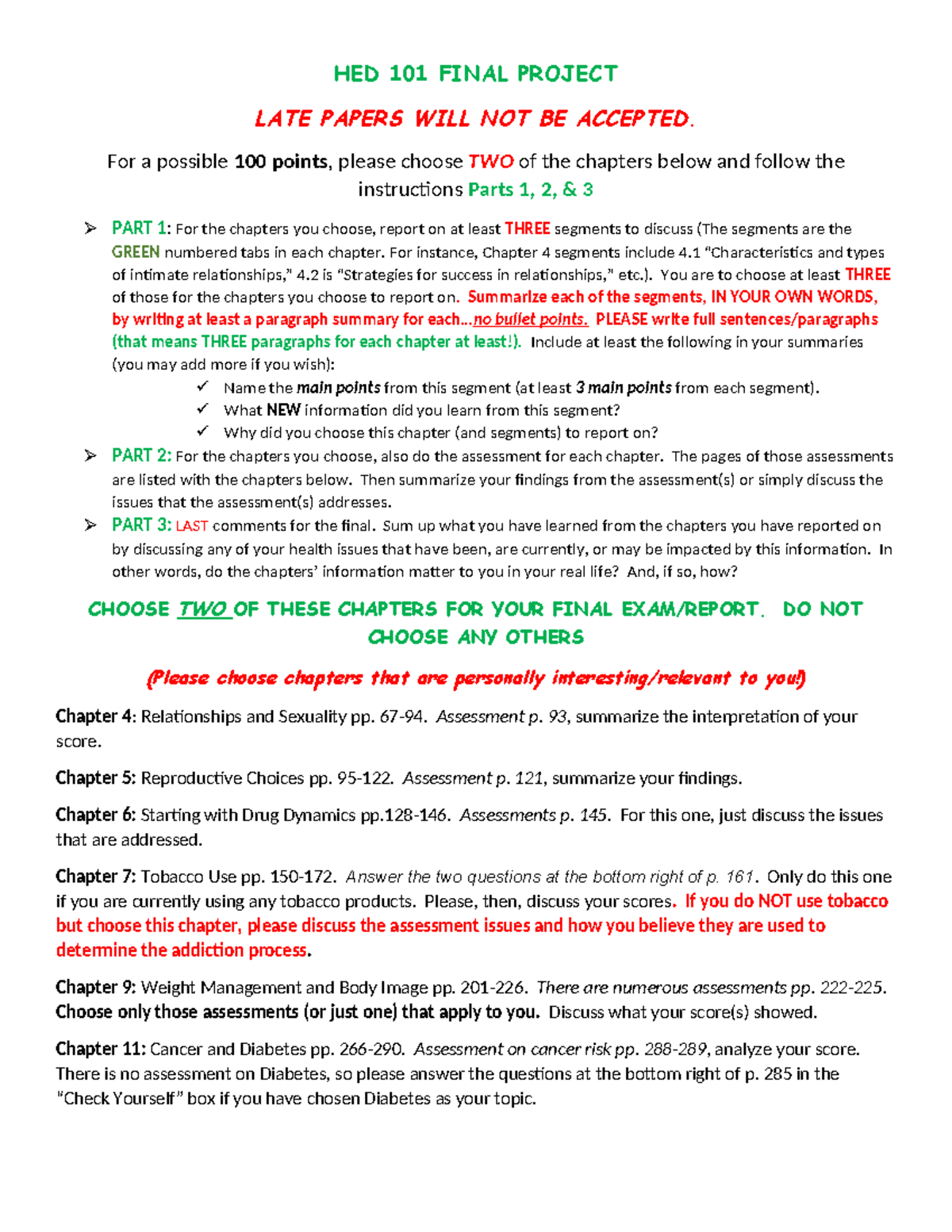 HED 101 Final Paper - Tagged - HED 101 FINAL PROJECT LATE PAPERS WILL NOT BE ACCEPTED. For a ...