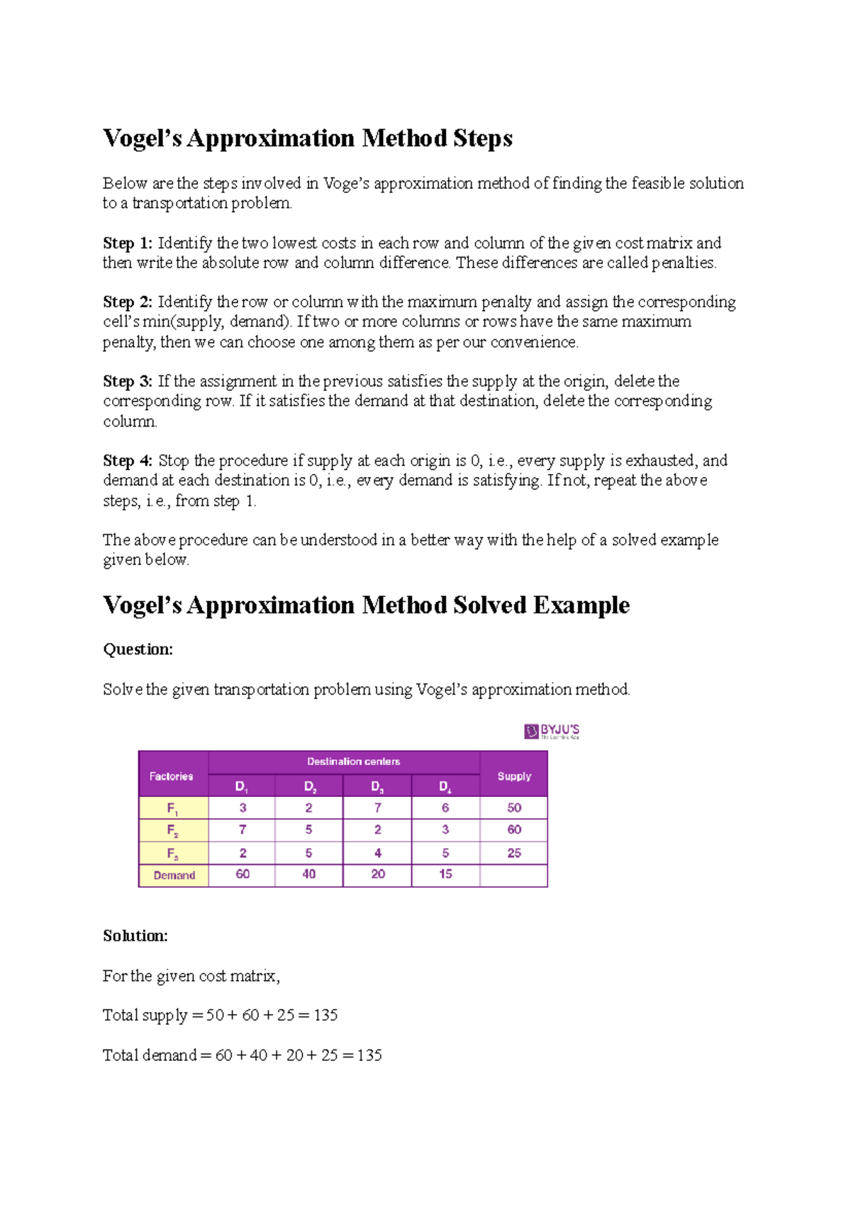 Vogel method of transportation problem - Vogel’s Approximation Method ...