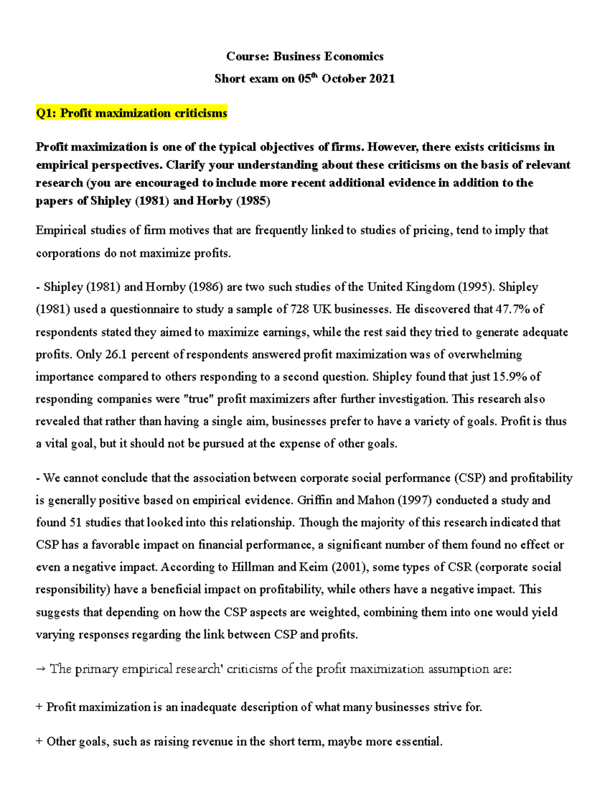 Tổng hợp Short exam - practice exams - Course: Business Economics Short ...