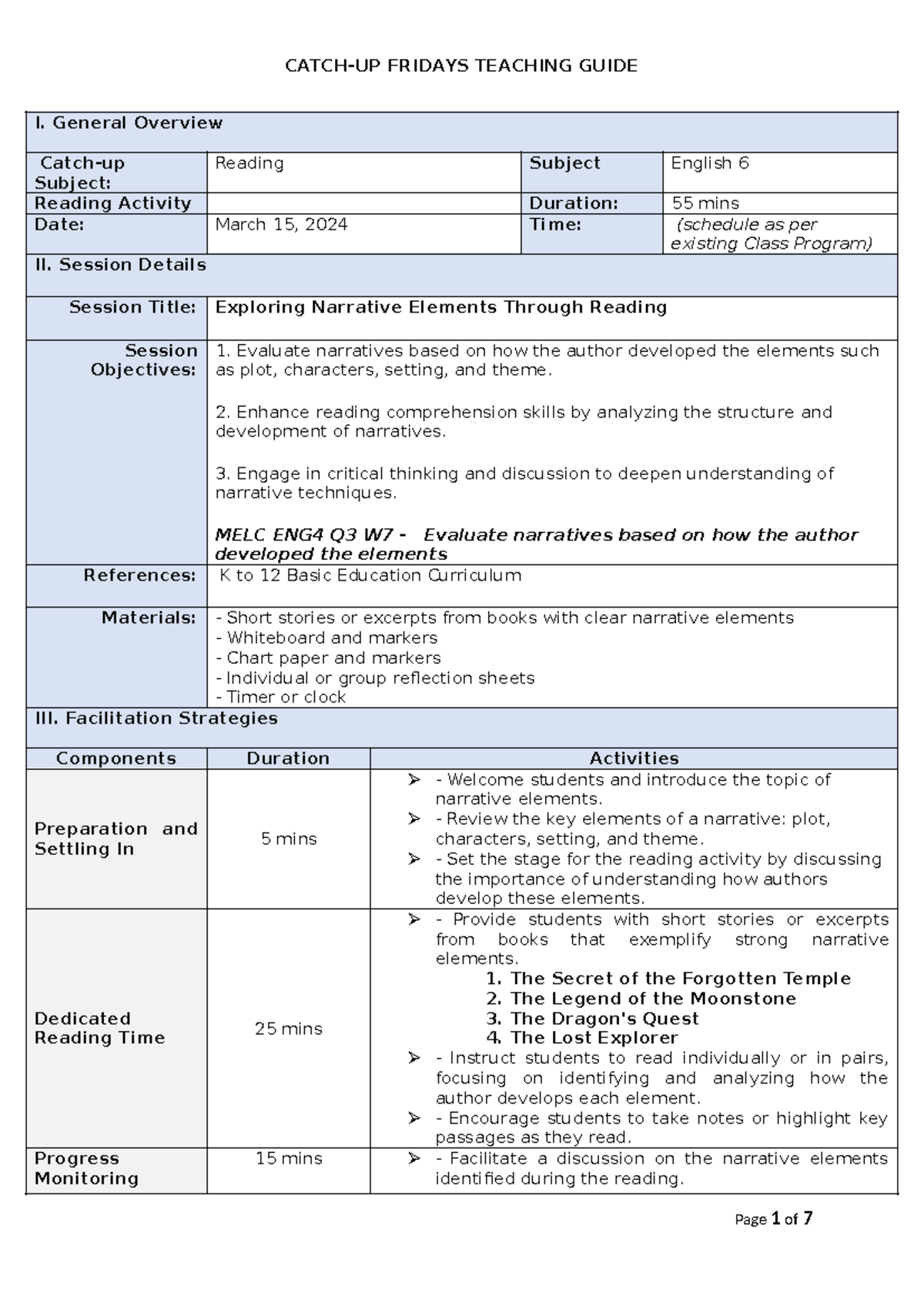 G6 English W7- CUF - I. General Overview Catch-up Subject: Reading ...