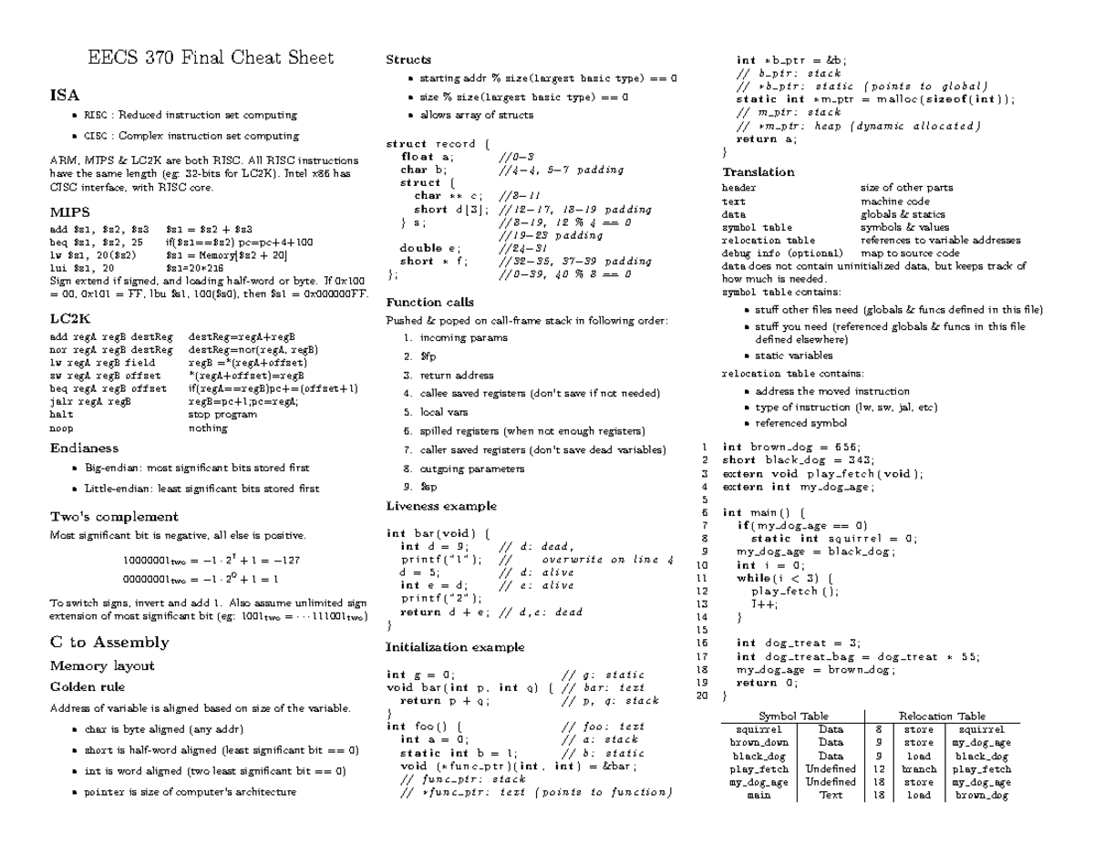 Cheatsheet - hello - EECS 370 Final Cheat Sheet ISA RISC : Reduced ...
