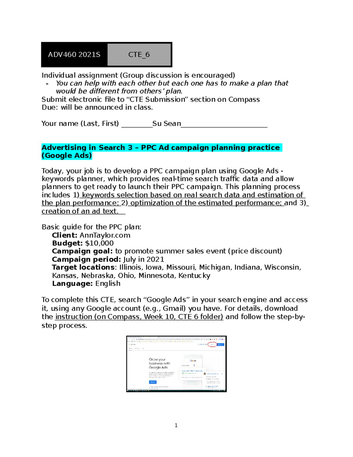 @CTE 6 SEM 3 Google Ads Practice 2021.3.29 - ADV 460 - Illinois - Studocu