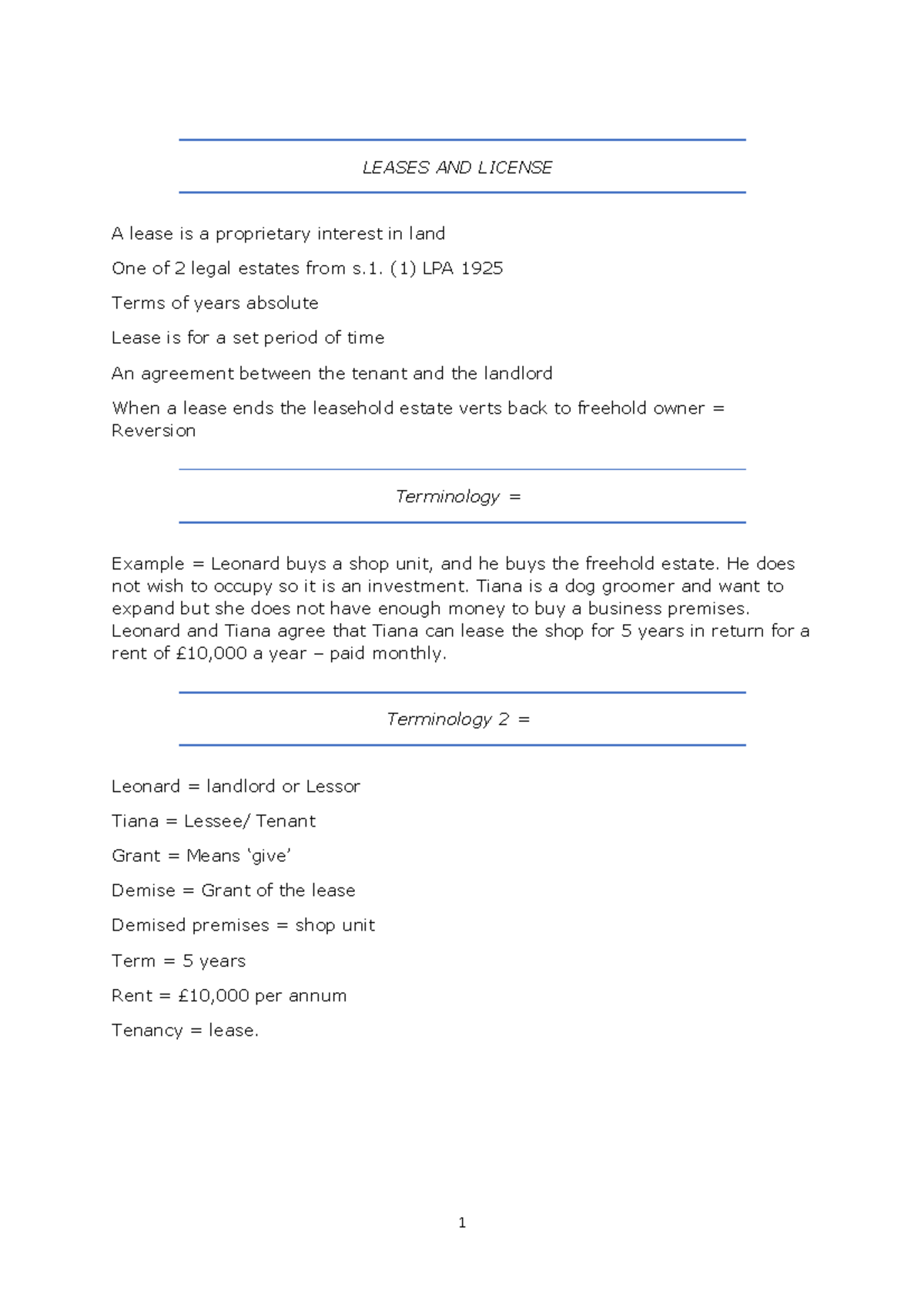 Leases AND License - Module = Property Law - LEASES AND LICENSE A lease ...