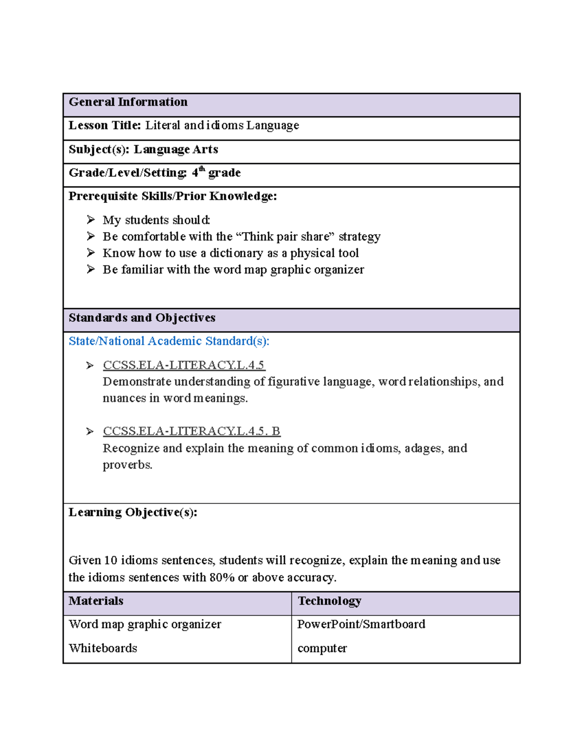 C910 Reading TASK 2 - General Information Lesson Title: Literal and ...