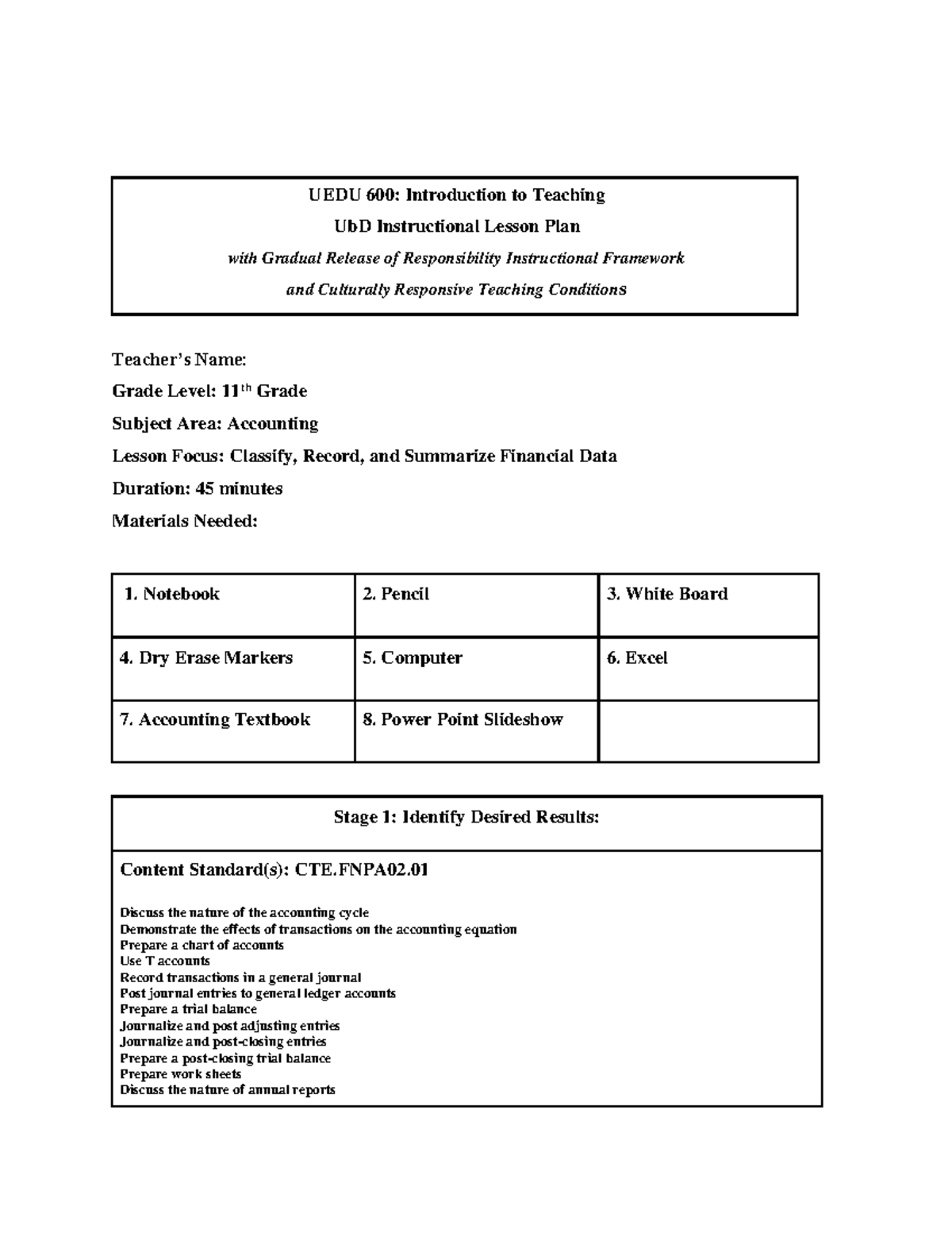 Lesson Plan - Sheree Joseph-Bos - UEDU 600: Introduction to Teaching ...