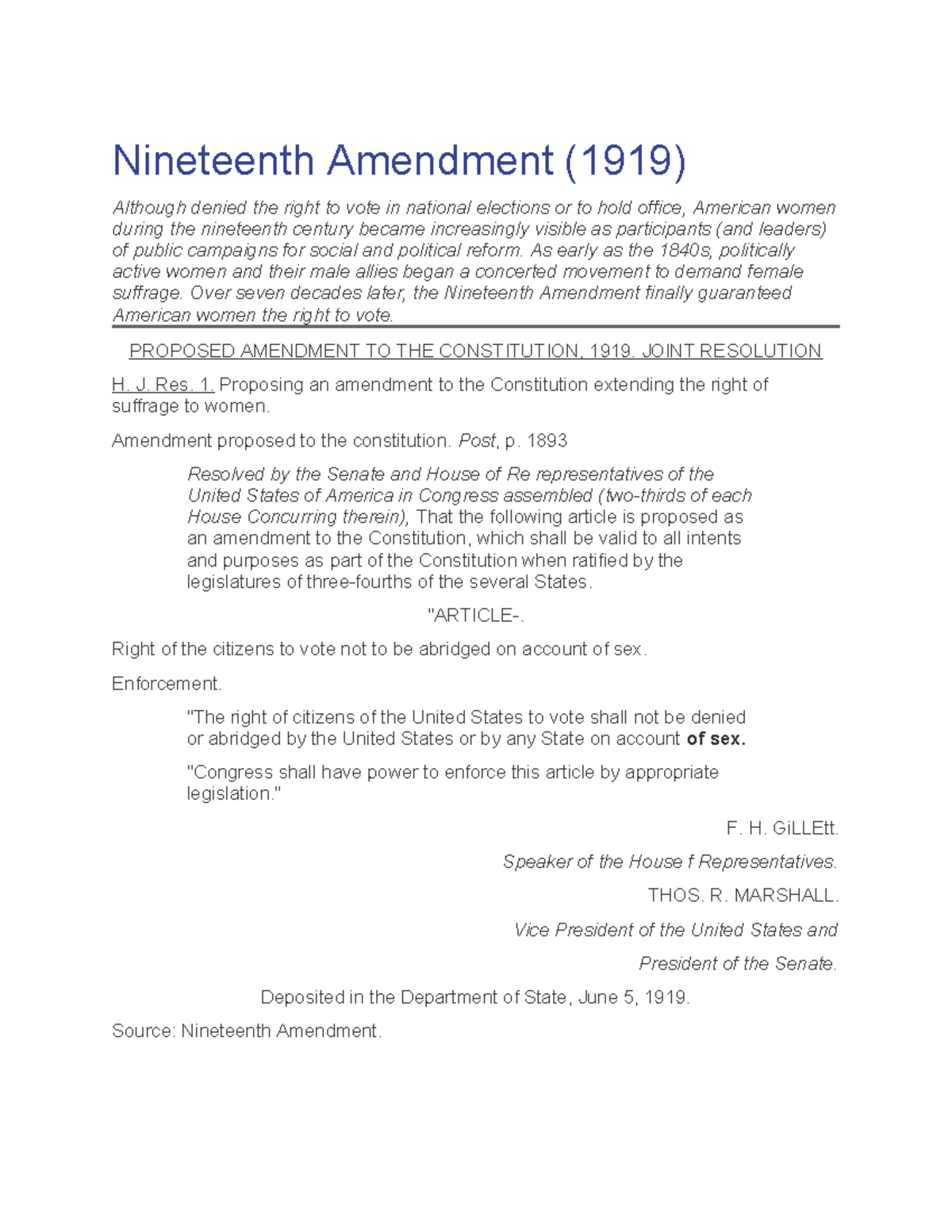 Nineteenth Amendment (1919) - Nineteenth Amendment (1919) Although ...