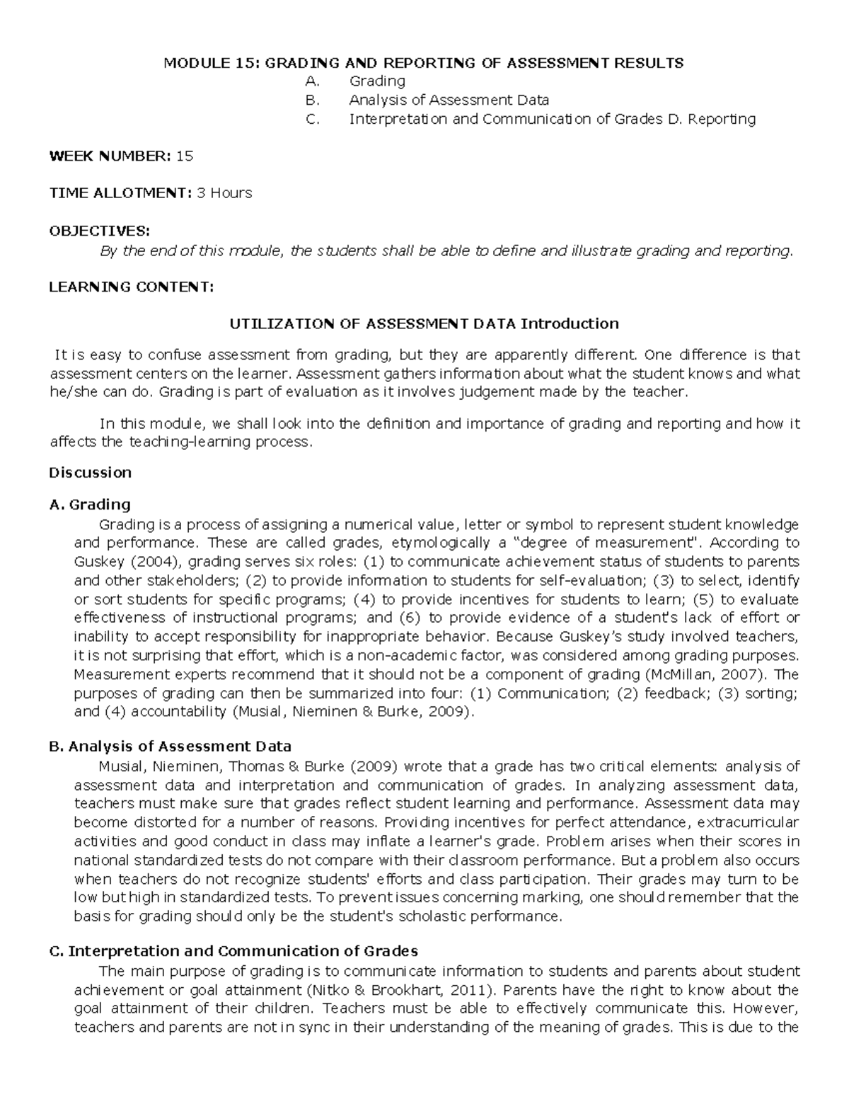 EDUC 107a Module 15 Upload - MODULE 15: GRADING AND REPORTING OF ...