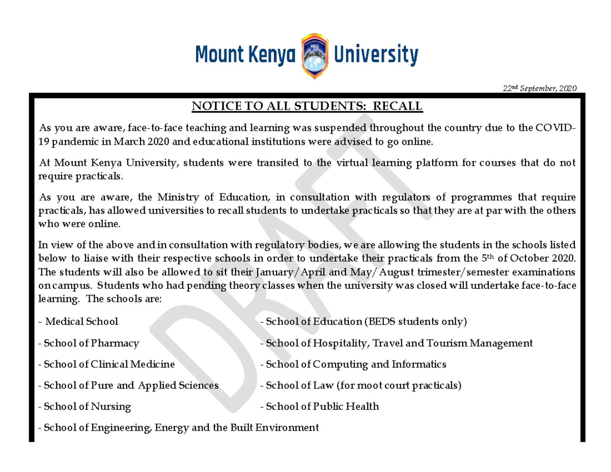 Notice TO ALL Students - 22nd September, 2020 - 22 nd September, 2020 ...