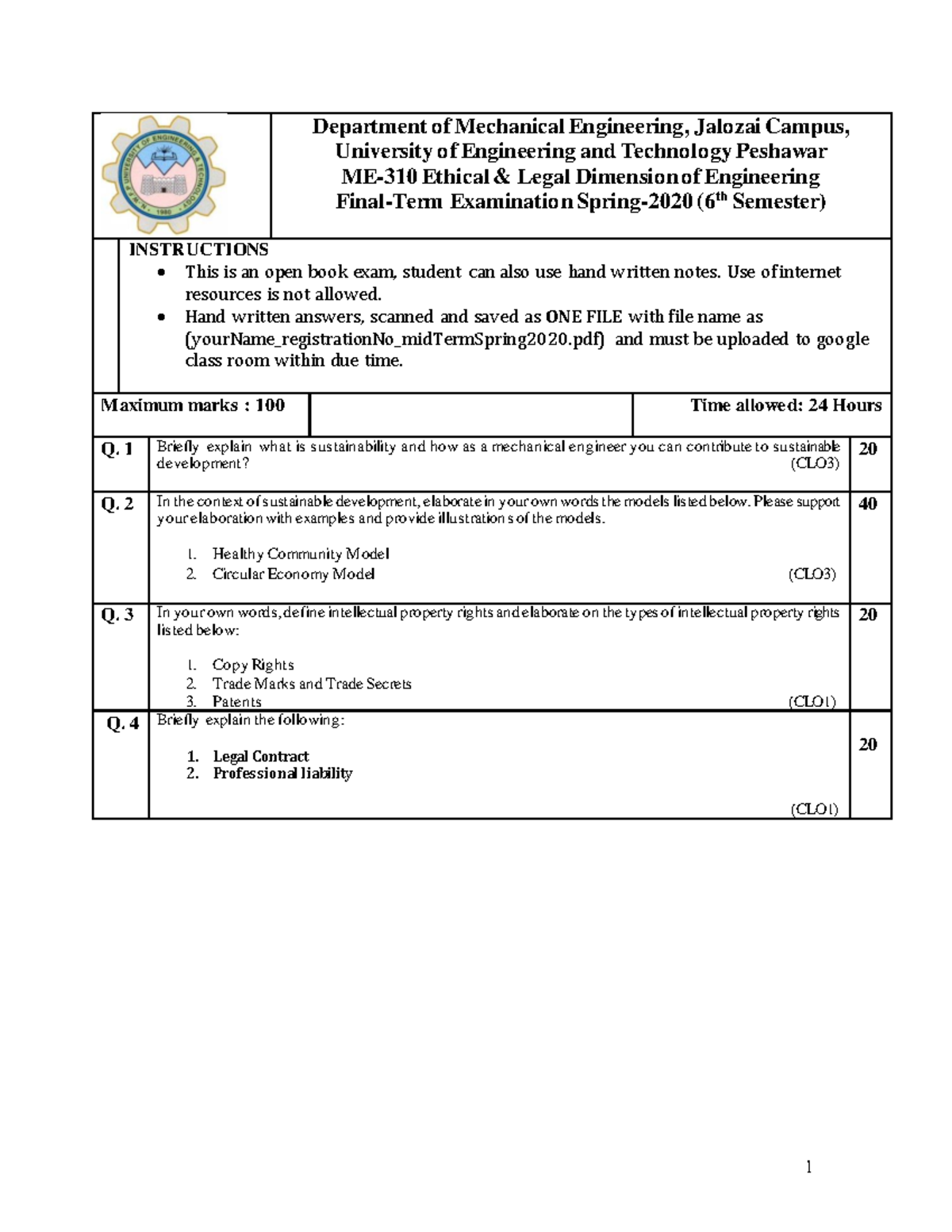 Final Term Exam - ME-310 - Ethical & Leg Dimension of Engineering - 1 ...