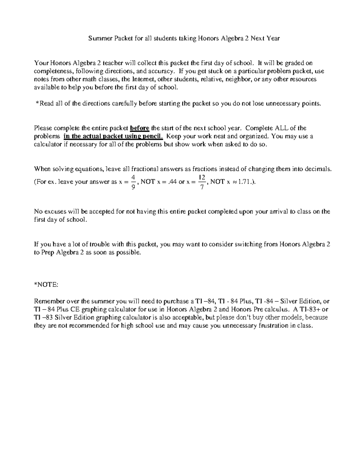 Nathan Gomes - Full Honors Algebra 2 Summer Packet - Summer Packet for ...