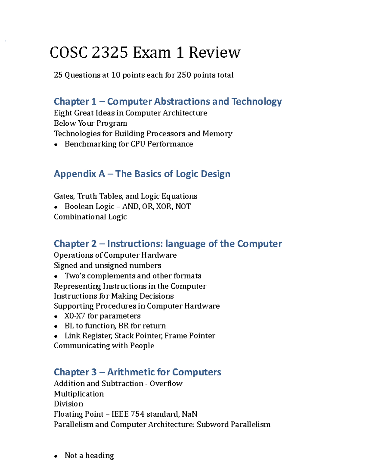 COSC 2325 Exam 1 Review - .... - COSC 2325 Exam 1 Review 25 Questions at 10 points each for 250 ...