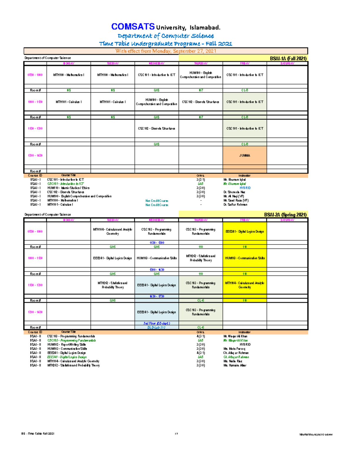 CS - BS - Time Table - Fall 2021 w.e.f. September 27, 2021 (BAI & BDS ...