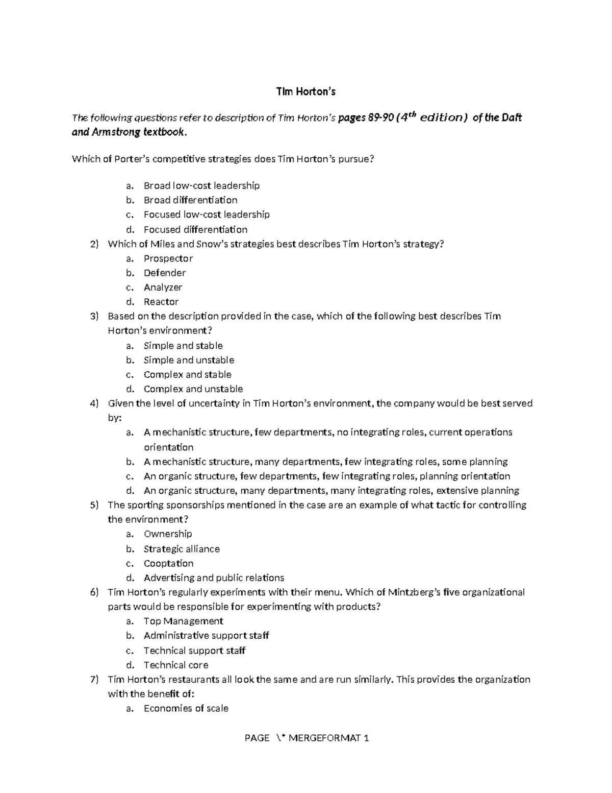 Midterm Practice Case Questions - Tim Hortons - Tim Horton’s The following questions refer to ...