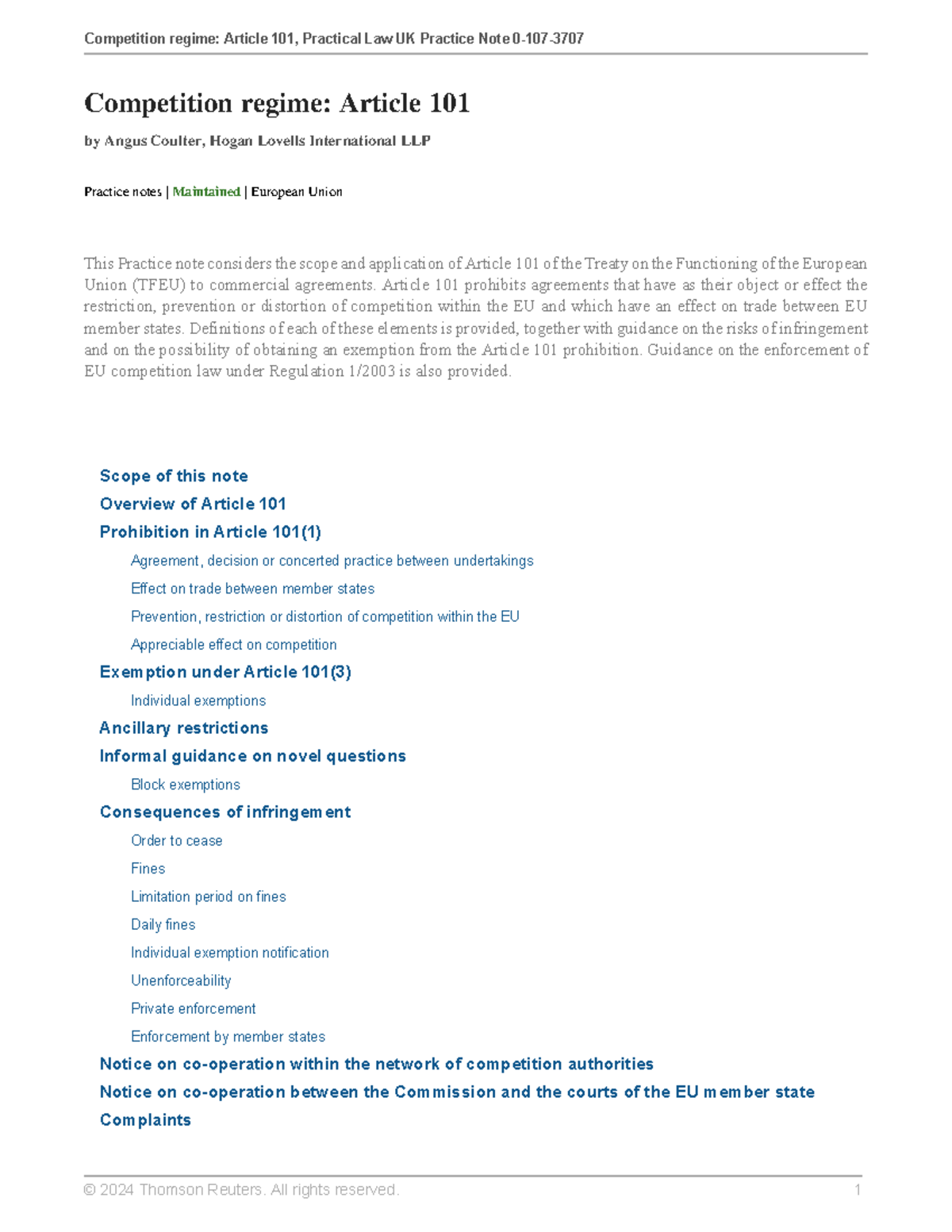 Competition regime Article 101 - Article 101 prohibits agreements that have as their object or ...