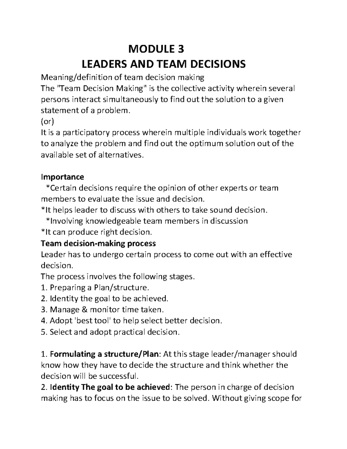Bls chapter 3 - MODULE 3 LEADERS AND TEAM DECISIONS Meaning/definition ...