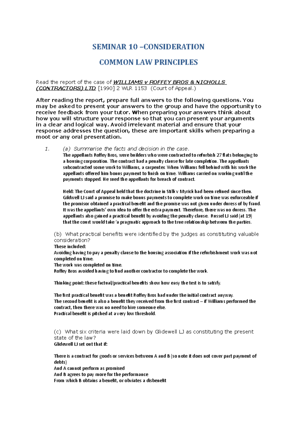 Seminar 10 - Common Law Principles - SEMINAR 10 –CONSIDERATION COMMON ...