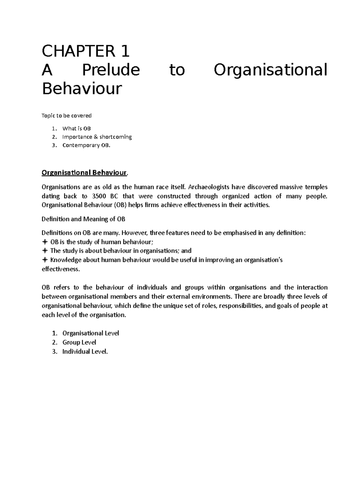 OB BOOK - OB BOOK - CHAPTER 1 A Prelude to Organisational Behaviour ...