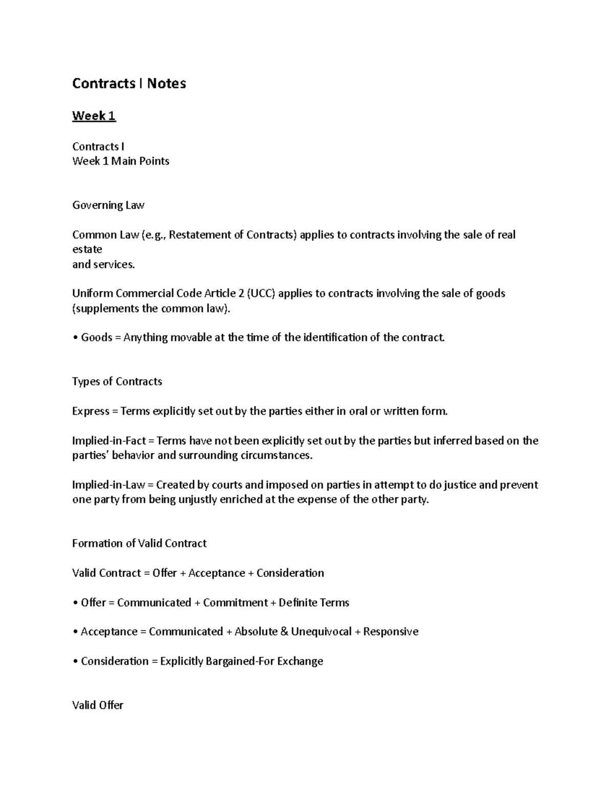 Contracts I Notes - Weeks 1-3 - Contracts I Notes Week 1 Contracts I ...
