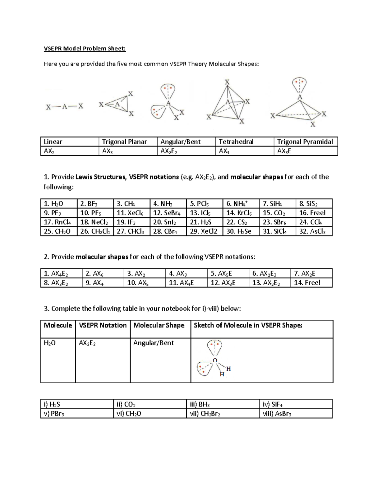 Vsepr WS 5 - its good practice - VSEPR Model Problem Sheet: Here you ...
