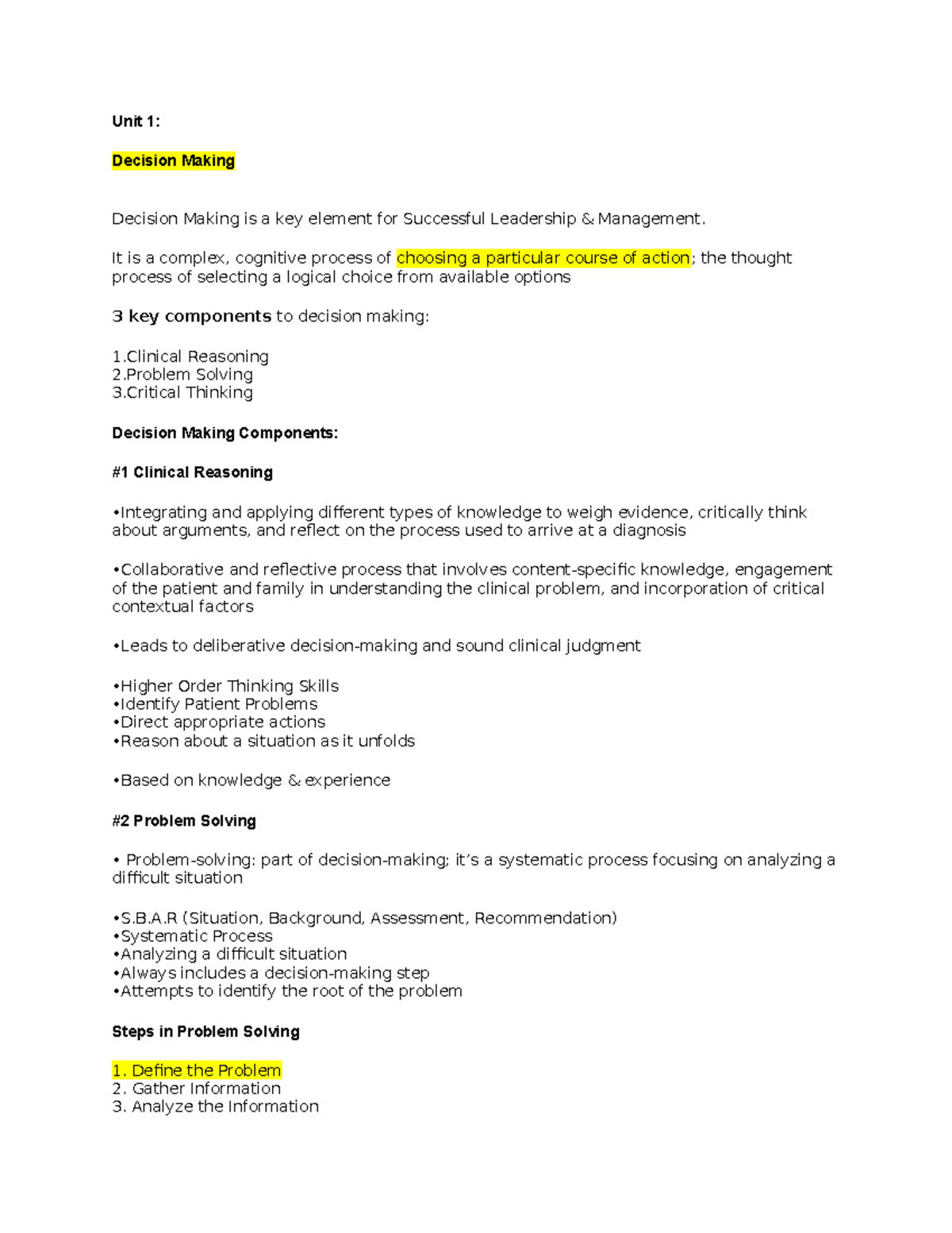 Unit 1 - notes - Unit 1: Decision Making Decision Making is a key ...