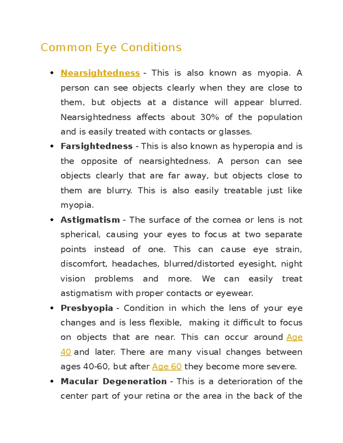 Eye 3 - notes - Common Eye Conditions Nearsightedness - This is also ...